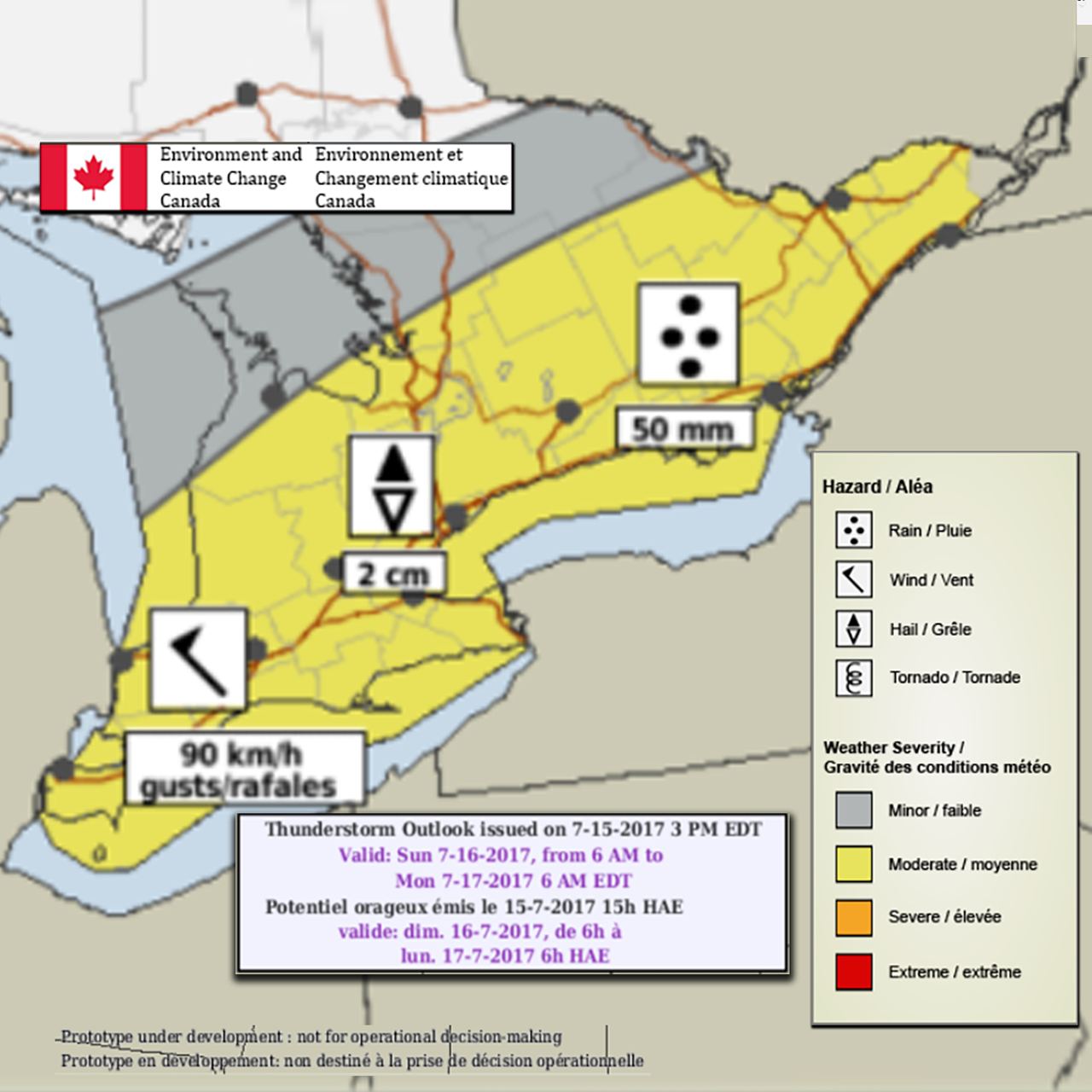 Environment Canada risk map for tomorrow, Sunday, July 16th, 2017
