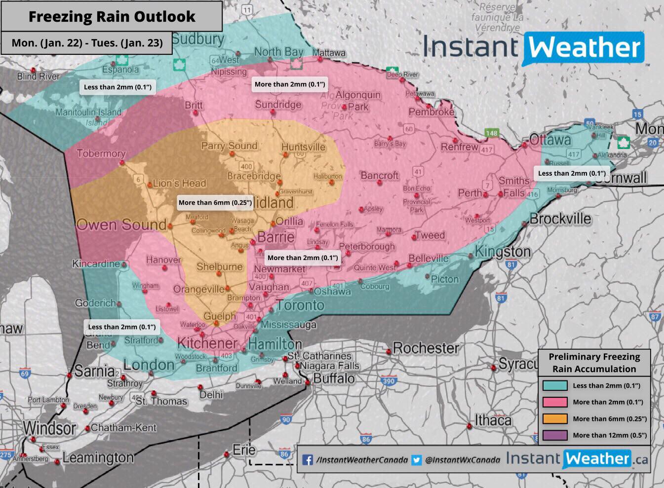 Freezing Rain Outlook for Monday, January 22nd, 2018: