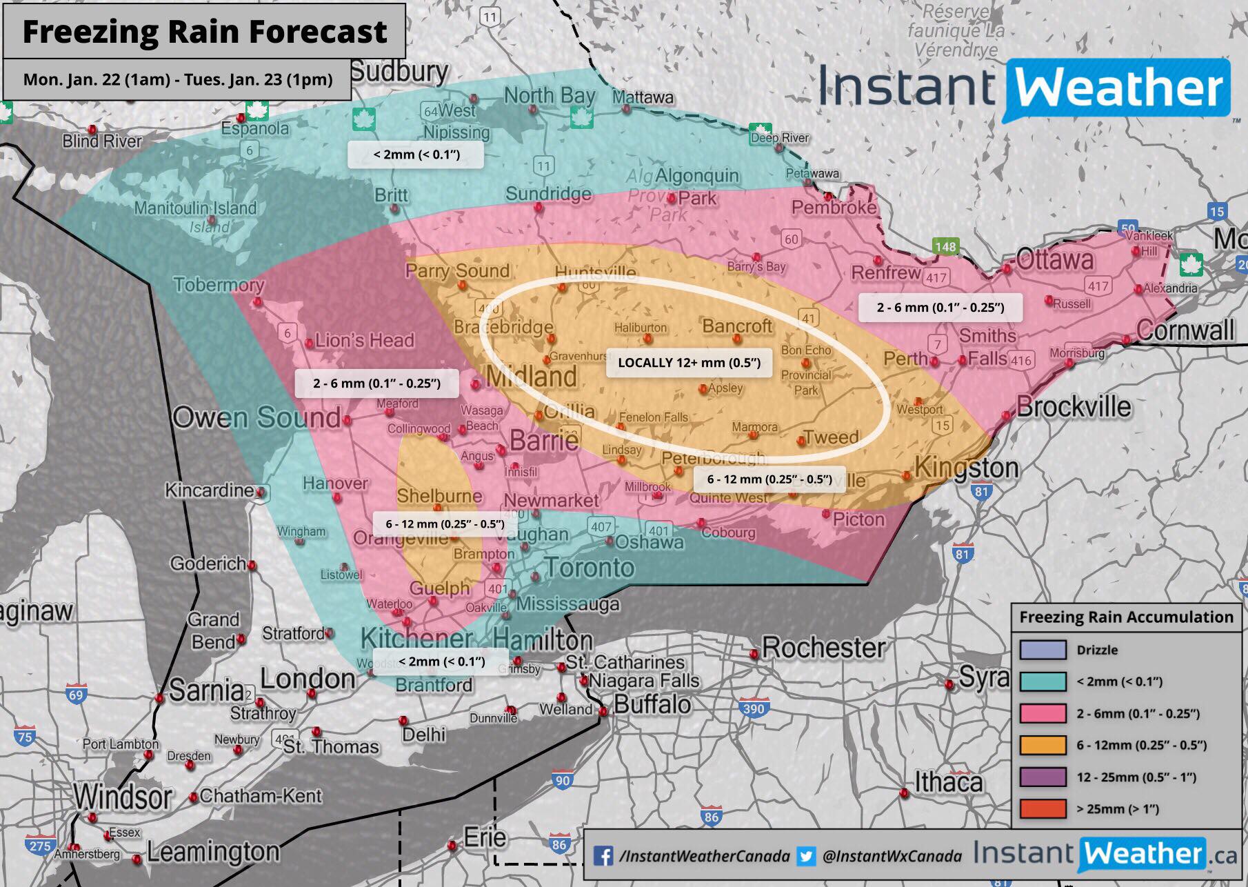 Freezing Rain Forecast for Monday, January 22nd, 2018: