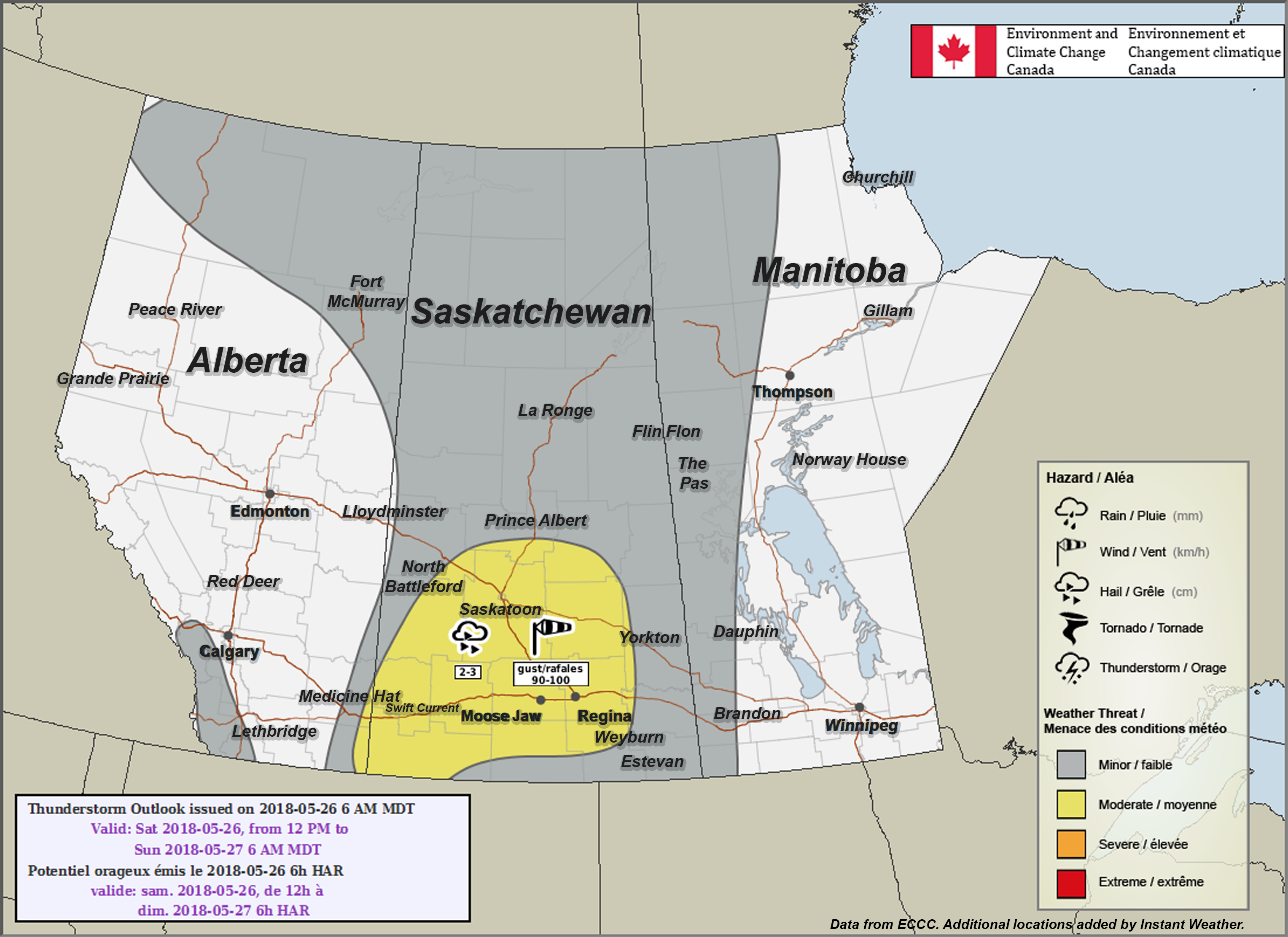 Environment Canada Forecasting 90-100km/h Damaging Winds Gusts & 2-3cm ...