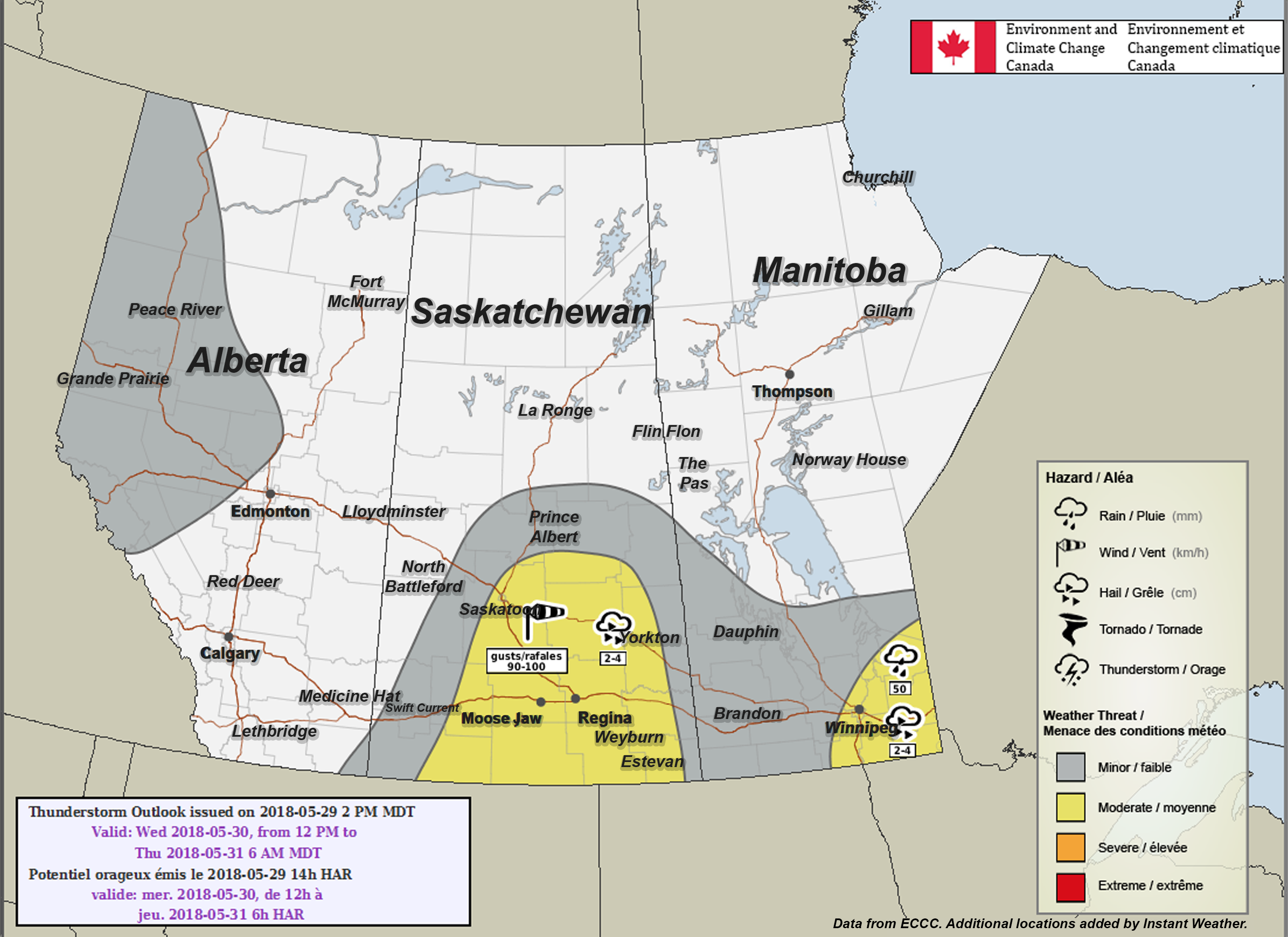 Environment Canada Forecasting 90-100km/h Gusts & 2-4cm Hail Today (Wed ...