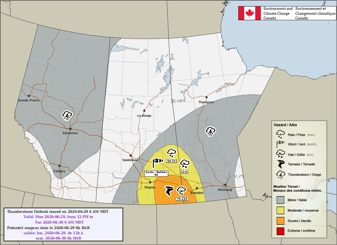SASKATCHEWAN: Environment Canada is Forecasting 2-4cm Hail, 90km/h Wind Gusts, 75-125mm ...